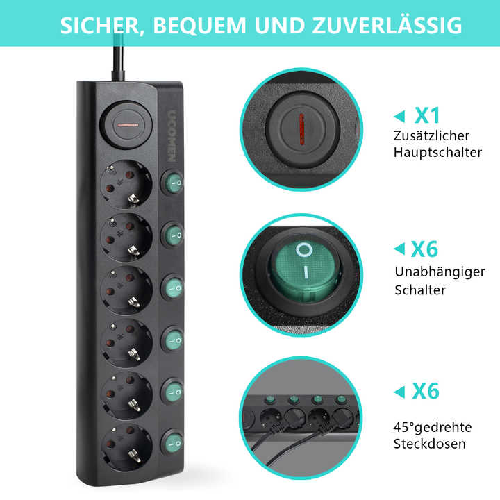 UCOMEN Multiple Socket-outlets with Main Switch with 4 (6) Ways Schuko ...