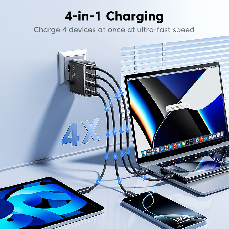 Toocki 140W GaN Multi-Port Charger 3 USB-C + 1 USB-A Ports Simultaneous ...