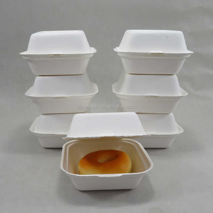 Biodegradable Sugarcane Bagasse 6x6 Inch Hamburger Box With Lid