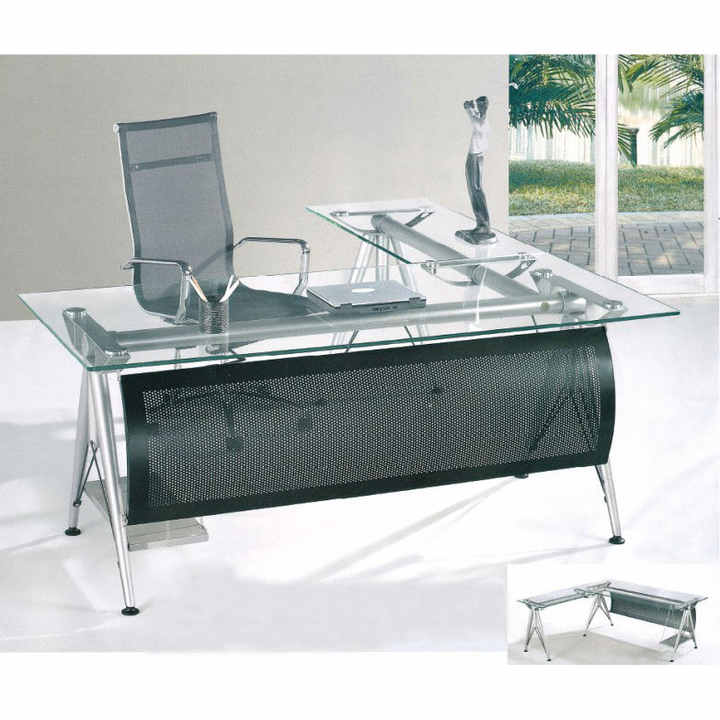 L-shaped Metal Table with Transparent Glass - Modern Office Desk