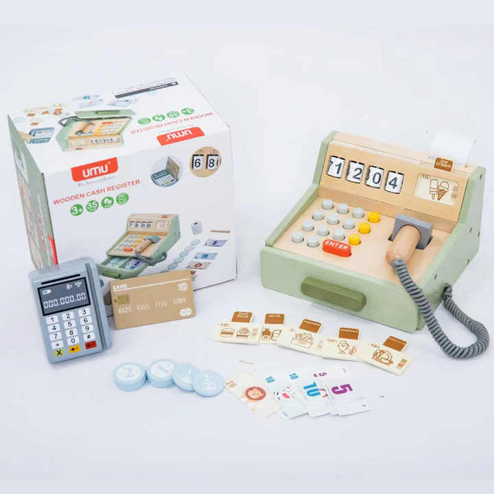 Kids Role Play Supermarket Cashier - Wooden Cash Register Toy