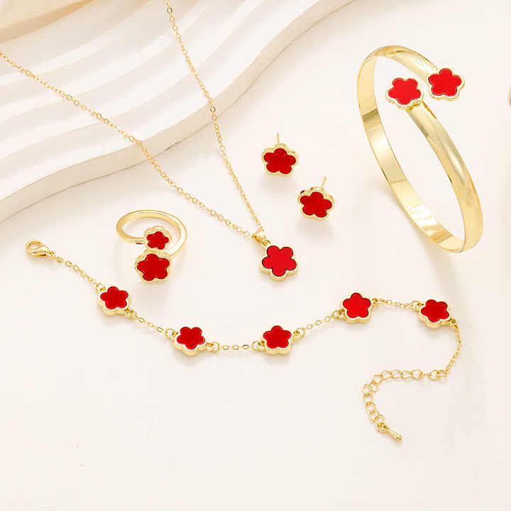 Gold Plated Clover Jewelry Set - Lucky Five Leaf Flowers