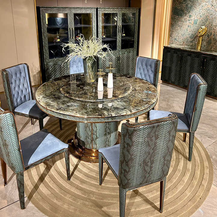 High-end Round Dining Table Luxury Modern Blue Leather Natural Marble ...