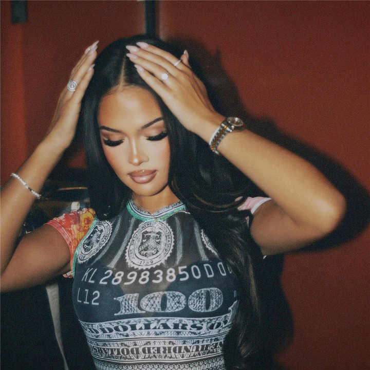 40186 Money Print Mesh T Shirt Short Sleeve Shirt Print Women Tees ...