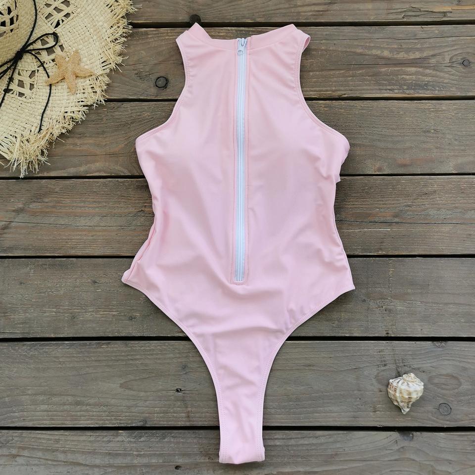 Custom Logo Women’s Zip up Back Hollow Out Sleeveless One Piece Thong ...