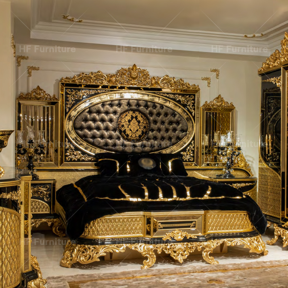 classic design luxury royal bedroom furniture wood king size bed with headboard black and gold turkish style bedroom set