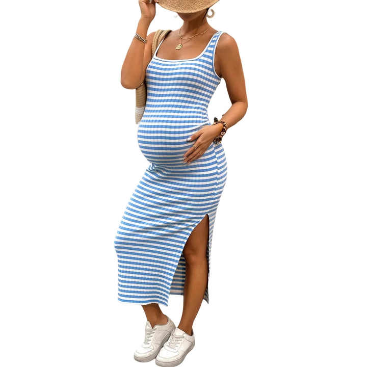 Factory Wholesale 2025 Summer Slim Sexy Bodycon Maternity Dress Square Neck Striped Side Slit ...