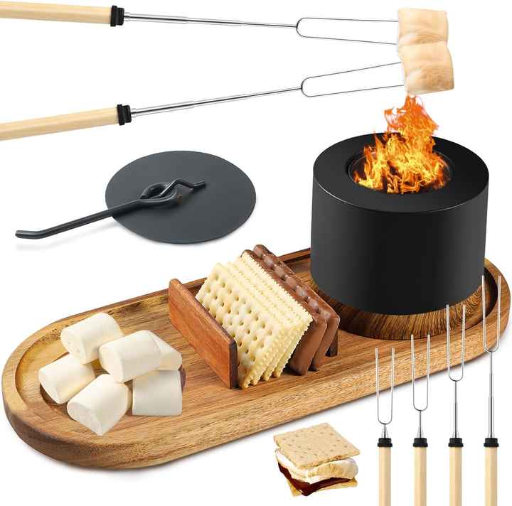 Indoor Smores Kit with Acacia Wood Tray & 4 Roasting Sticks | Tabletop ...