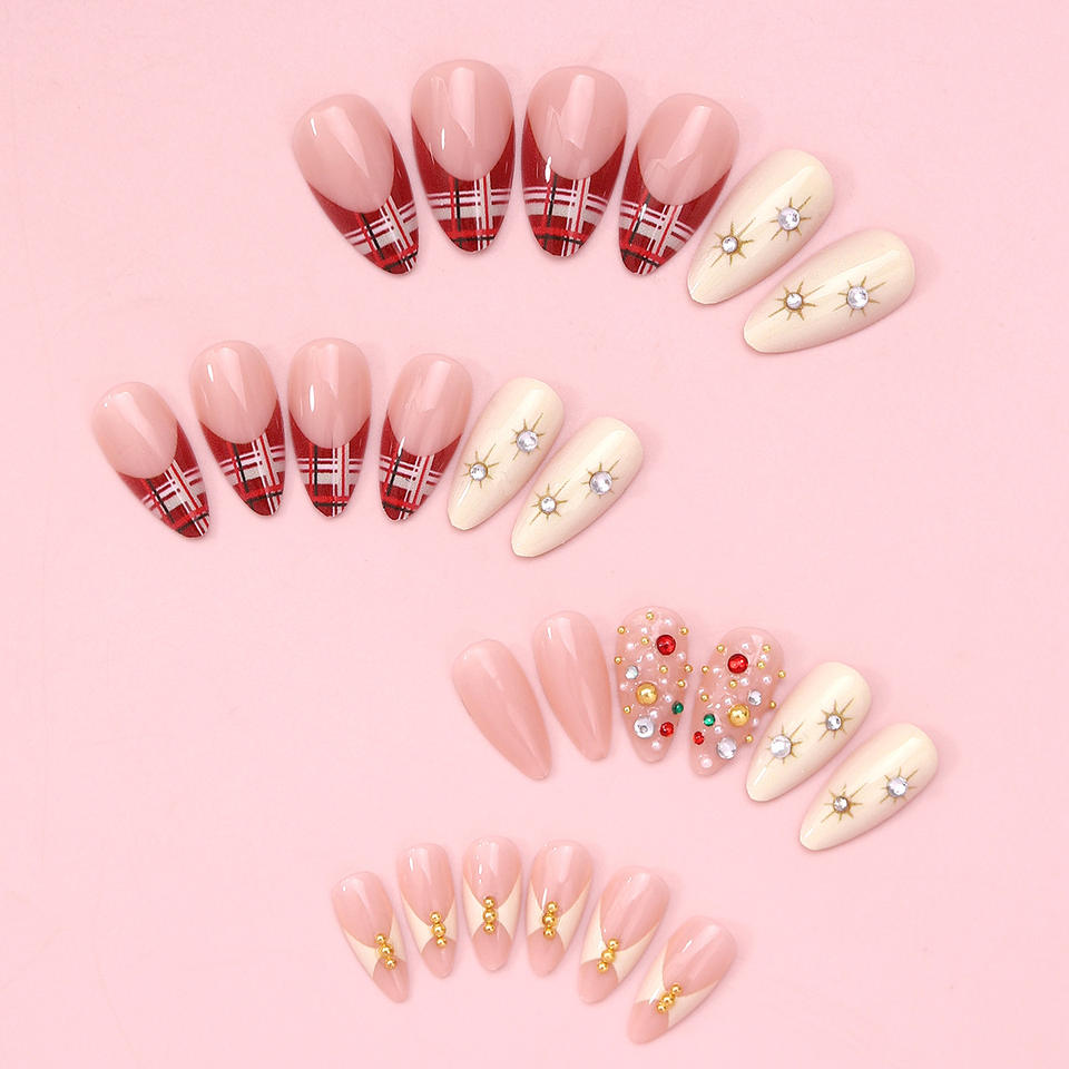 Festive Holiday Press on Nails Nude with Red Plaid French Tips and ...