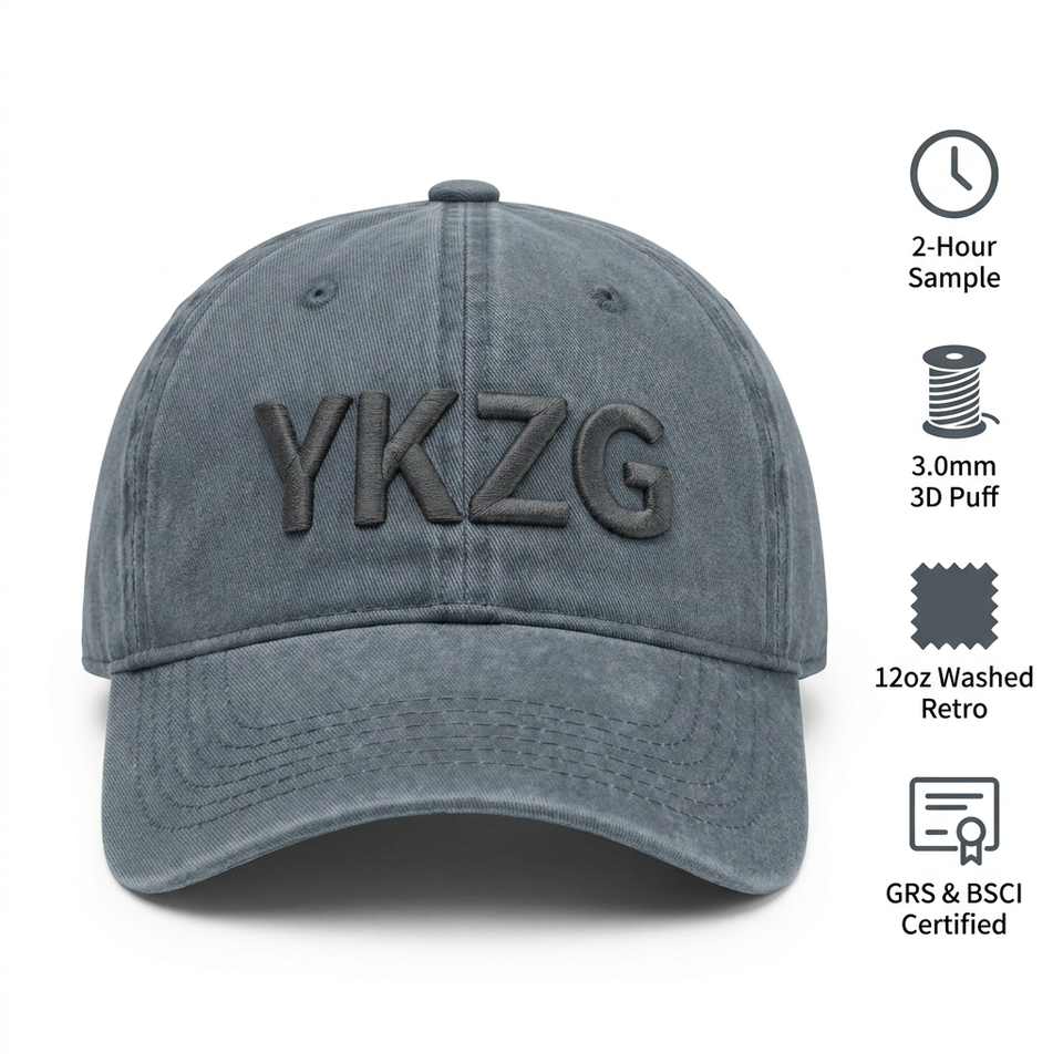 High Quality 3D Puff Embroidery Baseball Cap Grey Washed Cotton Dad Hat ...