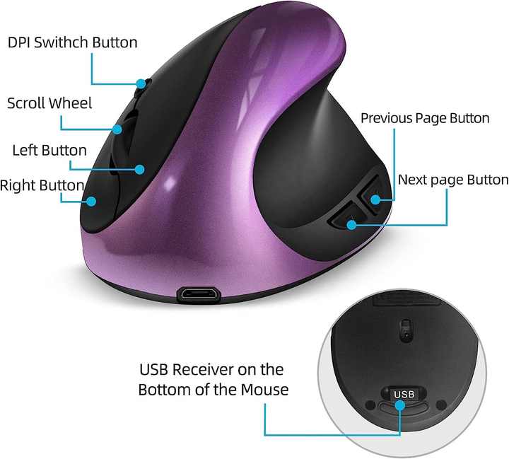 AML11 Vertical Mouse - Ergonomic 6-Button Wireless Mouse