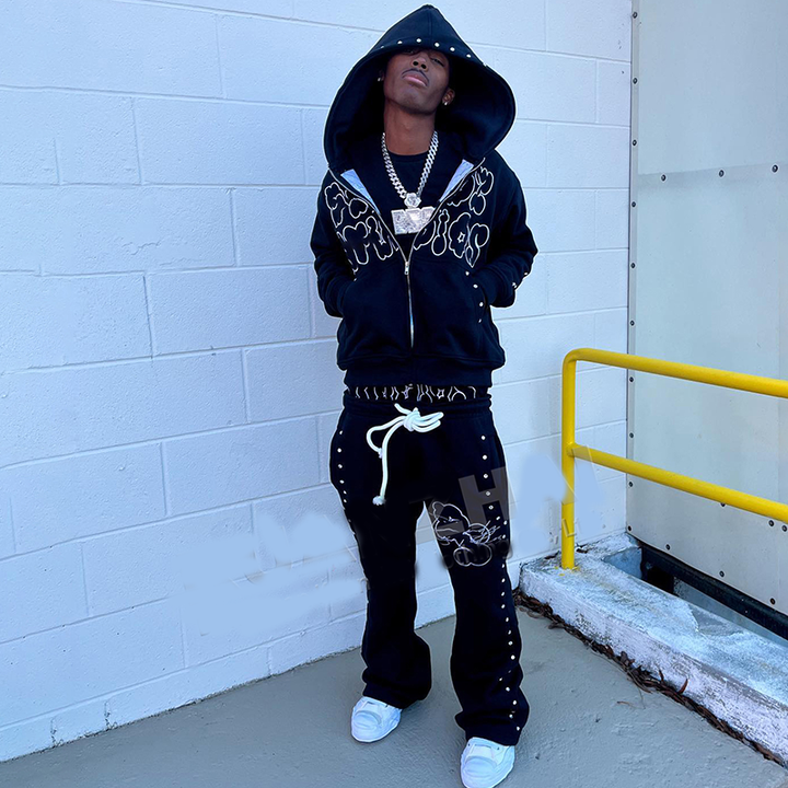 Wholesale Custom Sweatsuit Double Waist Sweat Suit Rhinestone Hoodie ...