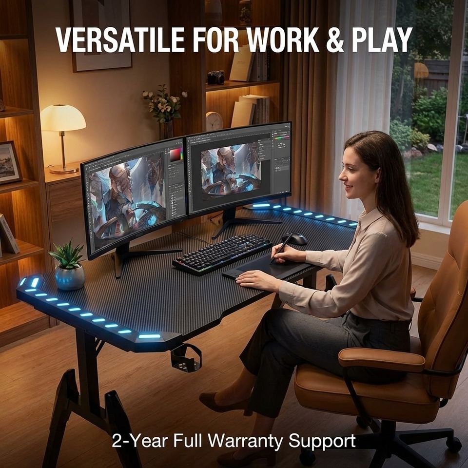 New Model RGB Computer Desk with LED Lights Adjustable Height Gaming ...