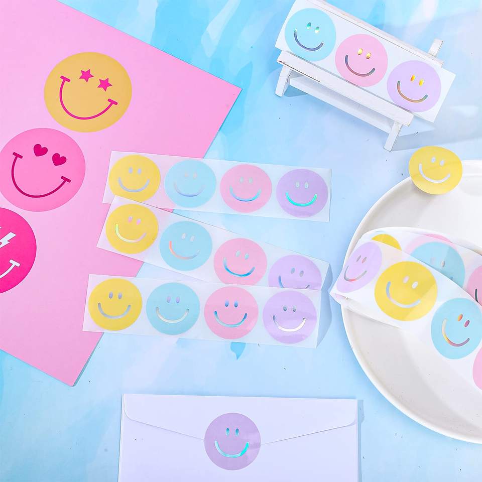 500 Sheets Roll Round Funny Smiling Faces Stickers Cartoon Decorative ...