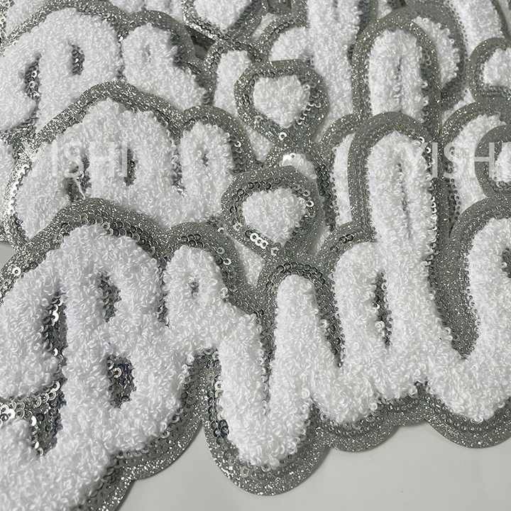 Trendy Large White Chenille Patch with Sequin Bride Design