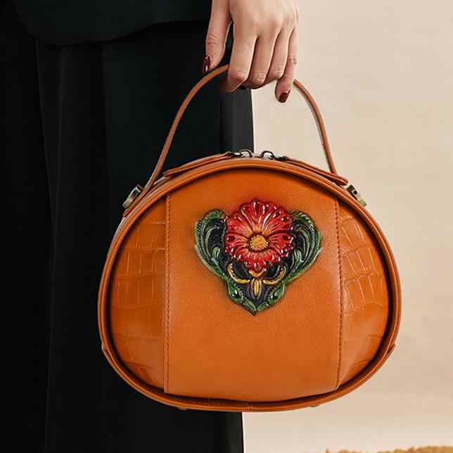 Designer Retro Handmade Embossed Small Round Bag Handbag Top Handle ...