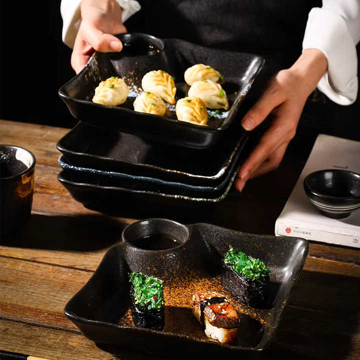 Retro Black Rectangular Ceramic Sushi Plates - Eco-friendly