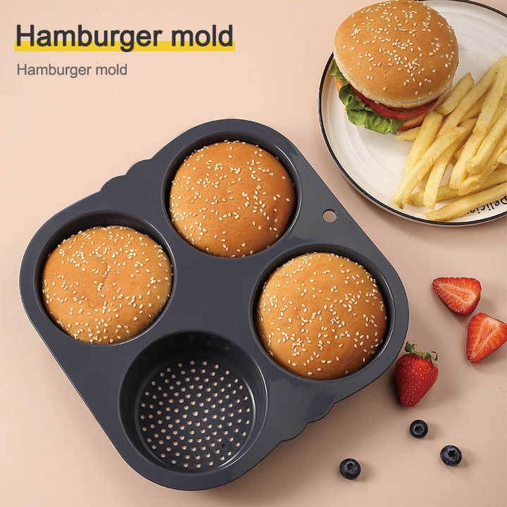 New Baking Cake Pan 4 Round Holes Loaf Pan DIY Bread Mold Silicone Hamburger Burger Bun