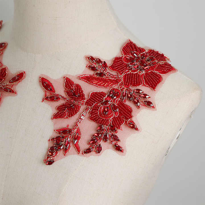 Custom Red Beaded Patches with Rhinestones Sew-On Style Factory-Applied ...