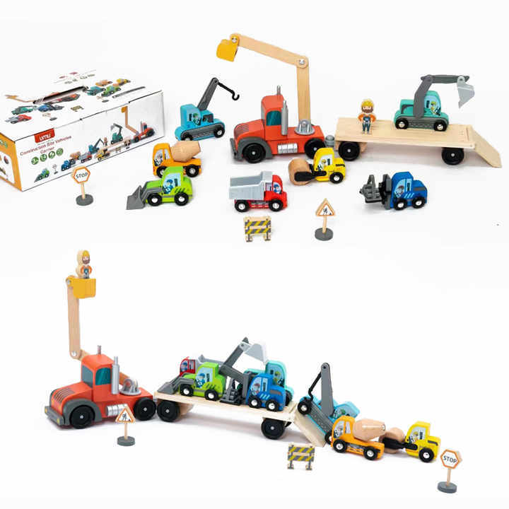 Wooden Construction Site Vehicles with Trailer 14 PCS Set