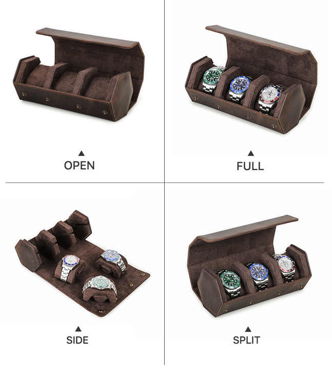 3 Slot Leather Hexagon Watch Case Travel Crazy Horse Leather Box with M ...