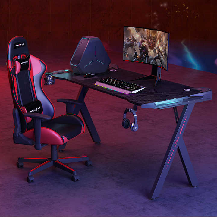 Gaming Table Z Shaped Modern Wood Metal Adjustable Lights Led Rgb Pc ...