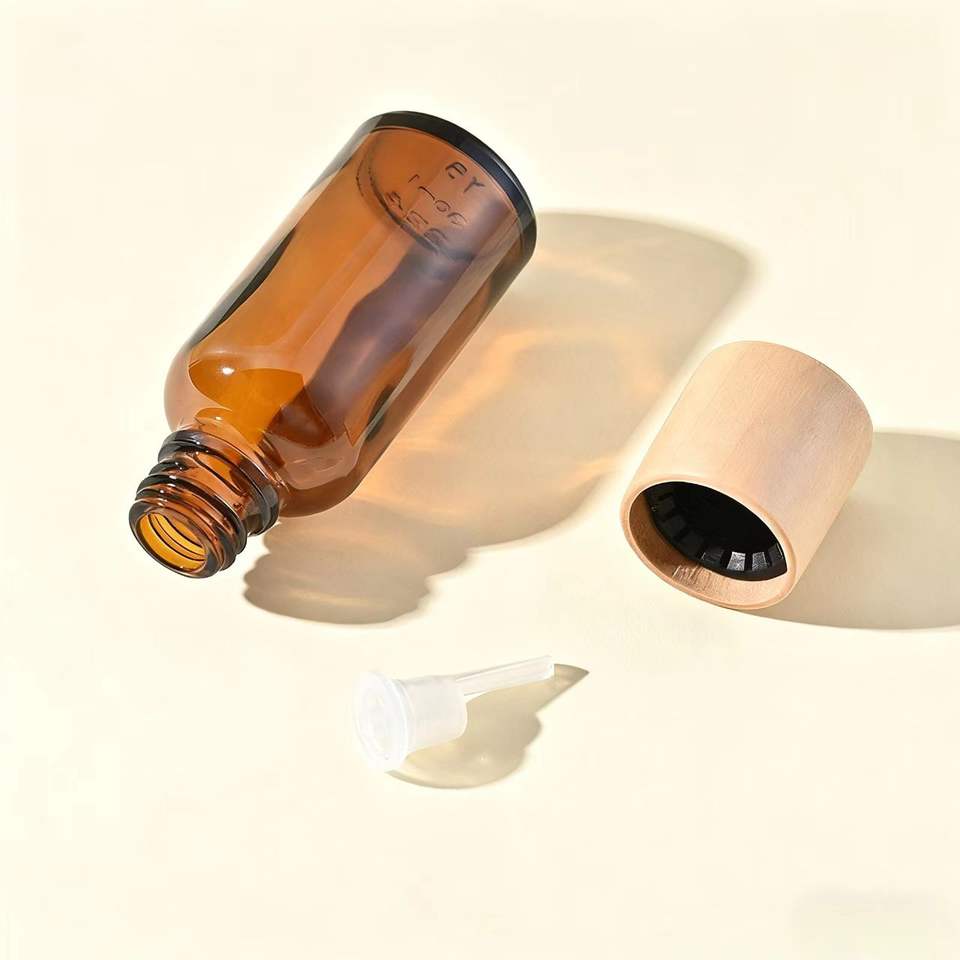 Luxury 10ml Amber Glass Bottles Wooden Screw Caps 28mm Neck Size for ...