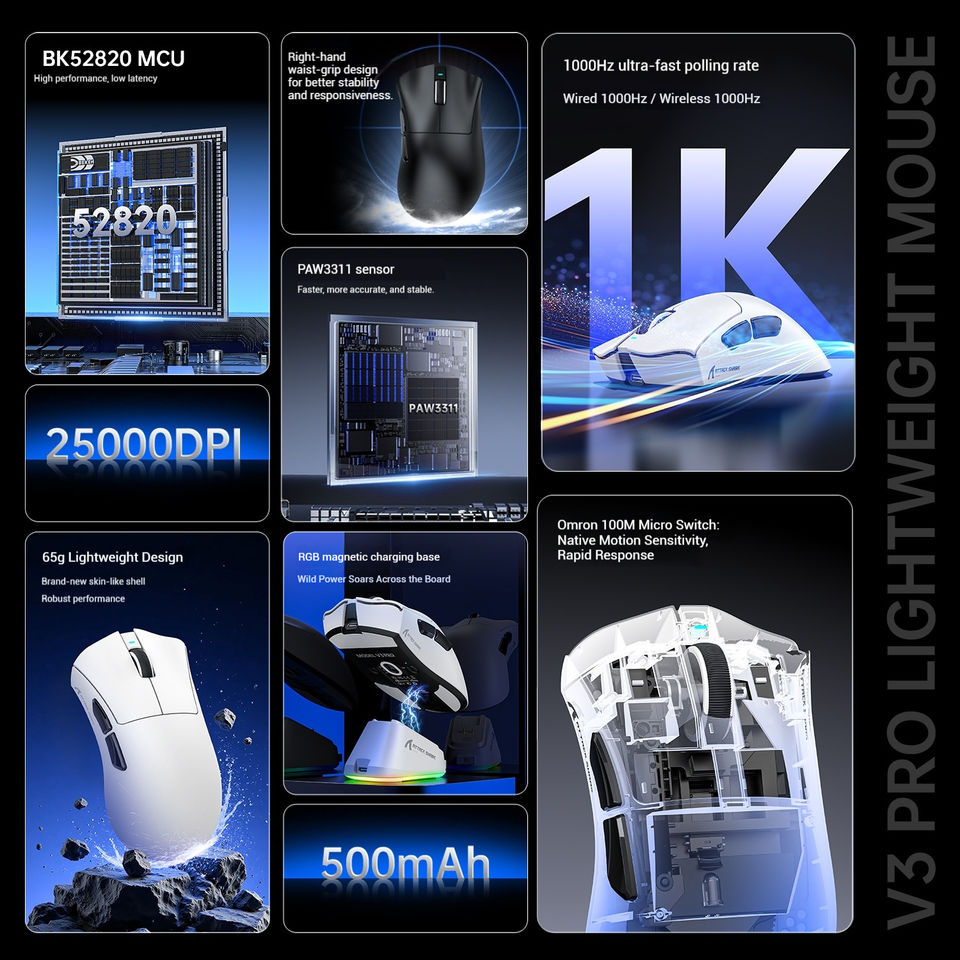 ATTACK SHARK V3PRO Ergonomic Gaming Mouse USB Rechargeable LED Backlit ...