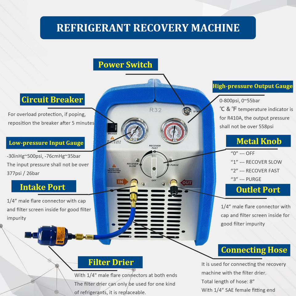 1HP Dual Cylinder R1234YF R32 Refrigerant Recovery Machine