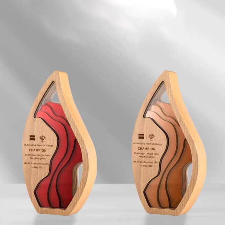 Personalized Peach Shape Wooden Trophy Awards With Blue Yellow Red ...