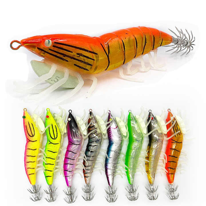 New Lifelike Shrimp Artificial and Squid Bait Soft Foot Jigs Explosion Hook Calamar Luminous ...