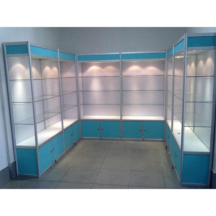 L Shape Showroom Glass Vitrine Display Cabinet with Corner Vitrine Showcase