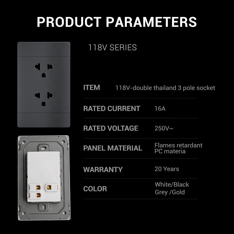 Double Thailand 3 Pole Wall Socket 16A Duplex Electrical Wall Outlet ...