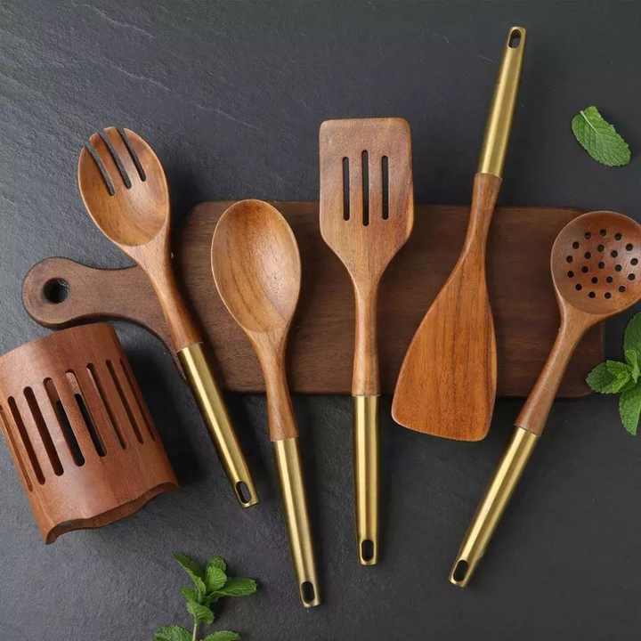 New Design Teak Wood Kitchen Utensils Set with Gold Stainless Steel ...