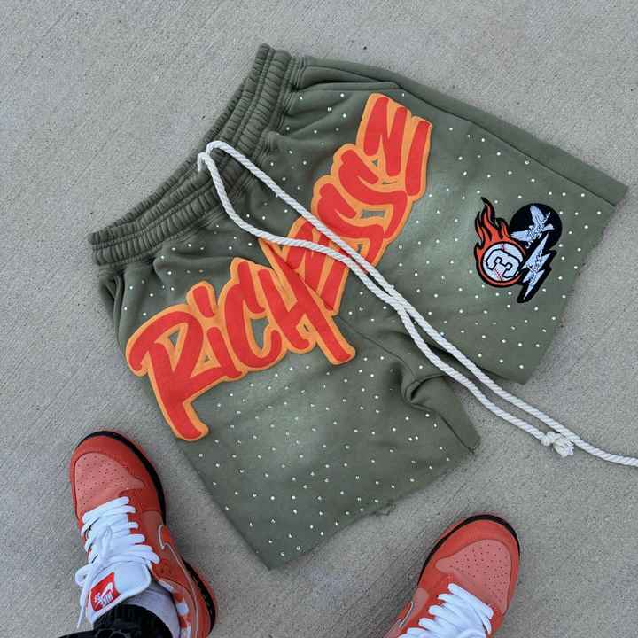 DiFan Custom Logo Streetwear Washed Printed Rhinestone Graphic Shorts ...