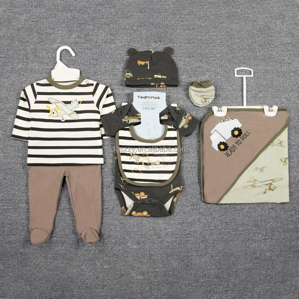 0-9 Month 100% Cotton Cartoon Print 7-Piece Solid Baby Romper Gift Box ...