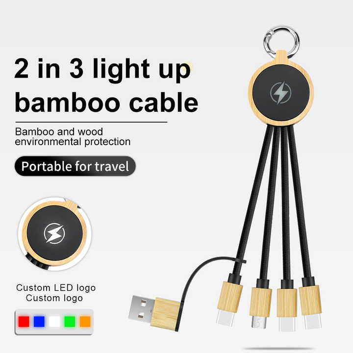 Keychain Cable Custom LED Logo Bamboo Phone Charger 4 in 1