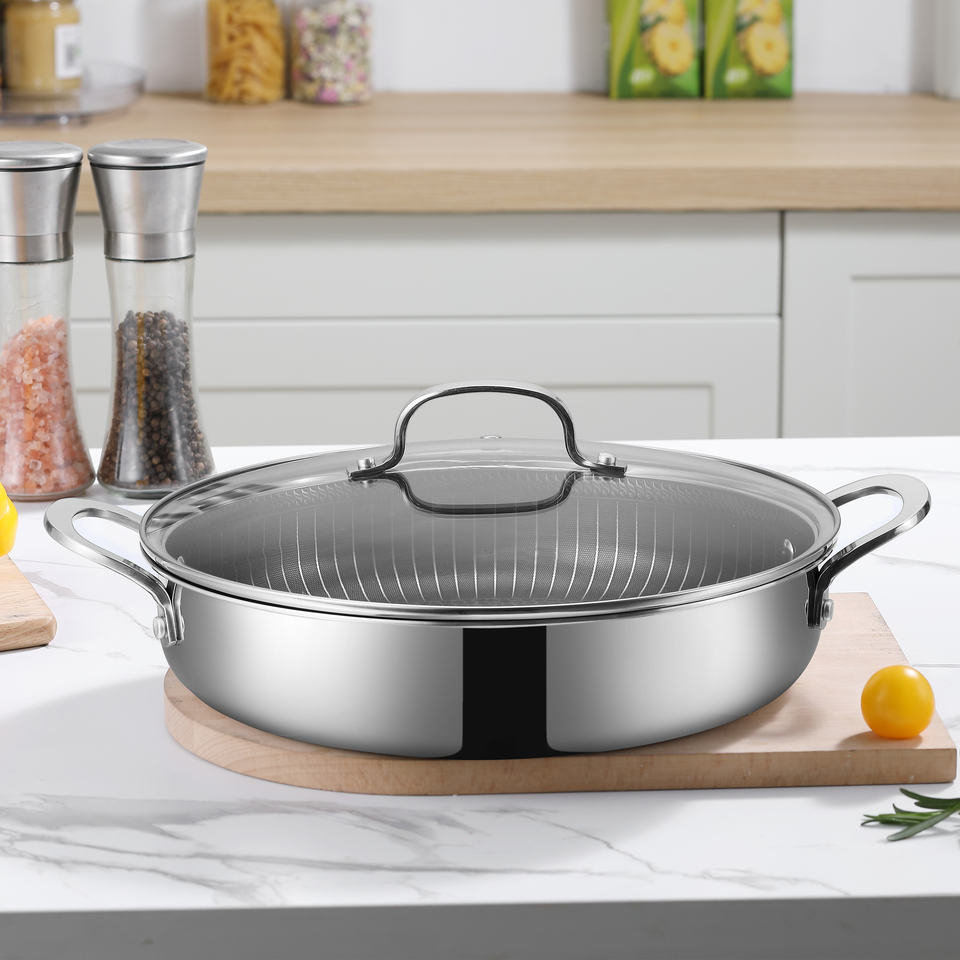 Shallow Stainless Steel Soup Pot Glass Cover Large Capacity Dual-Handle ...