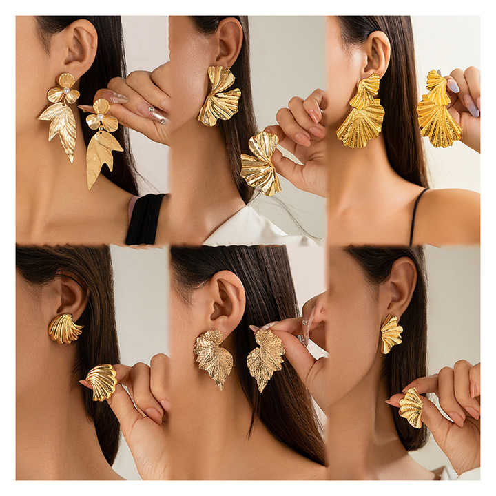Punk Metal Style Ginkgo Leaf Gold Earrings for Women