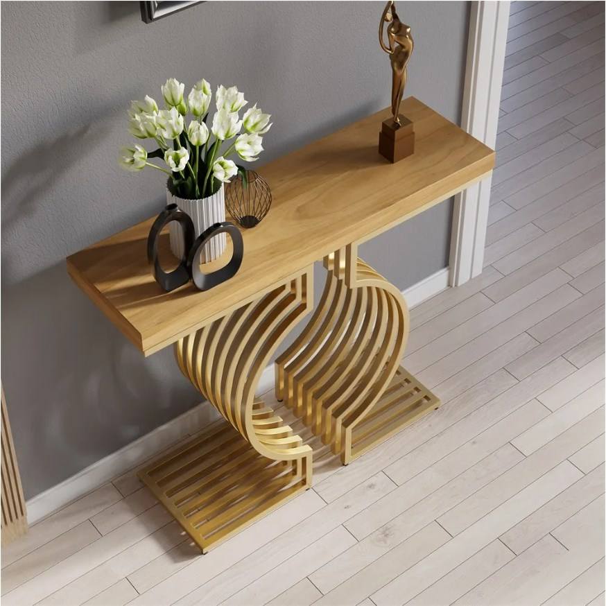Modern narrow geometric metal base walnut entryway table console table ...
