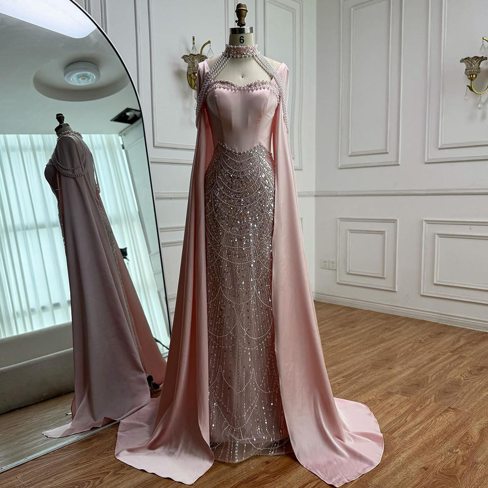 Customized 2026 Luxury Arabic Pearls Pink Beaded Mermaid Evening Dress ...