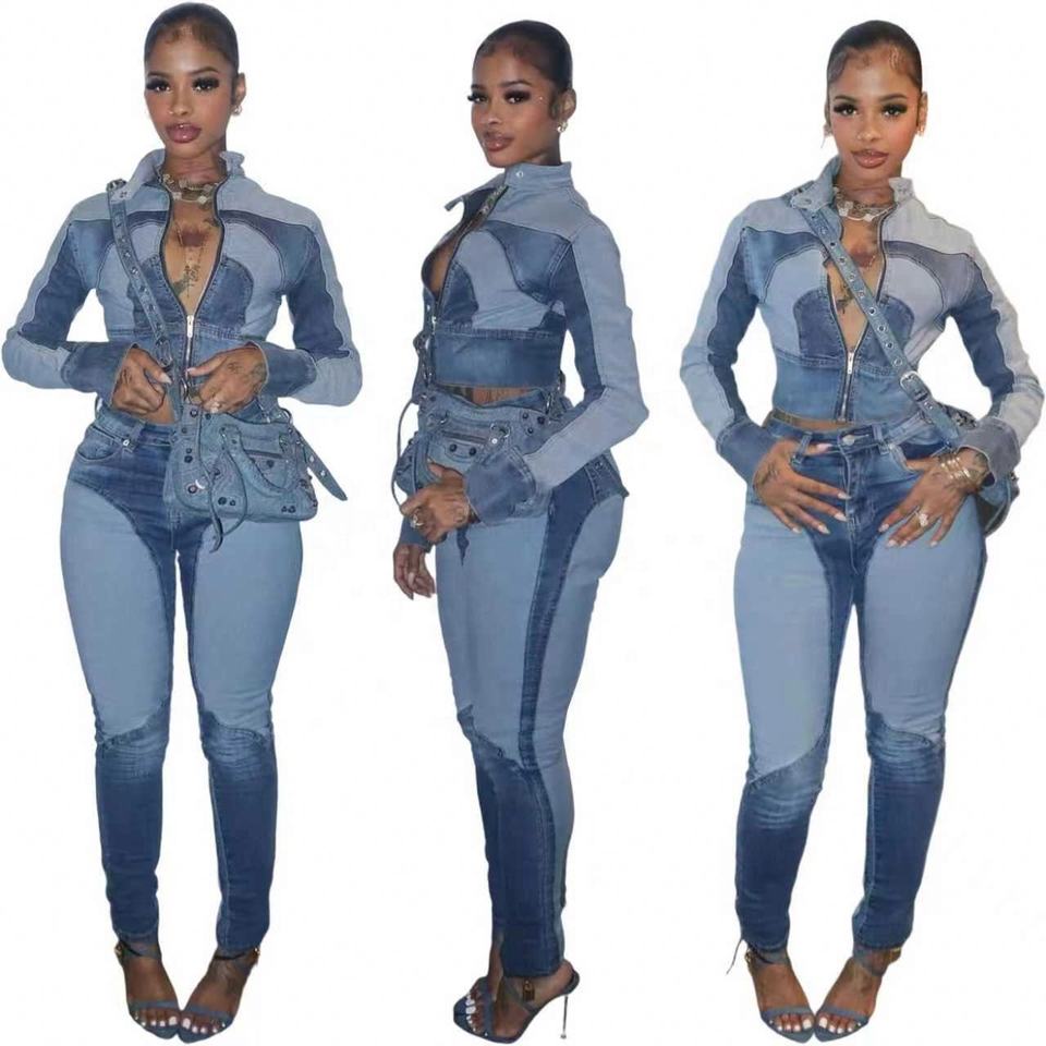 New Arrivals 2026 Women Casual Skinny Denim Jeans Two Piece Pants Set ...