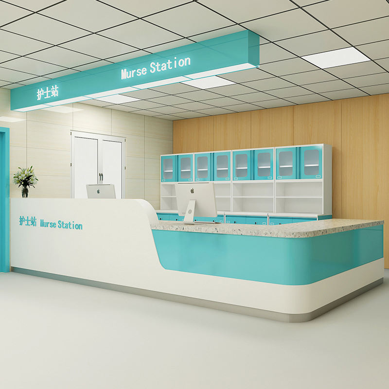 Custom Blue Corner Hospital Nurse Station Reception Desk