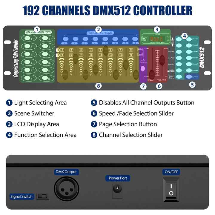 192 Channel DMX 512 Controller Console for Stage Lights Party DJ Disco ...