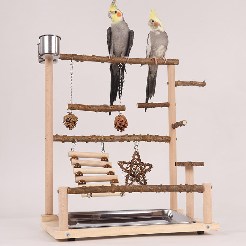 Wood Bird Playground Parrot Play Stand Bird Stand with Feeder Cups ...