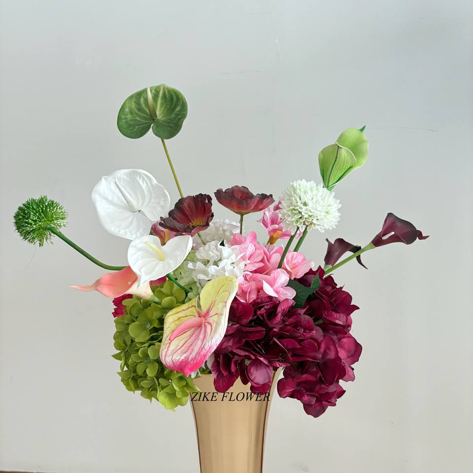 Lifelike Burgundy Silk Anthurium Hydrangea Luxury Artificial Flower ...