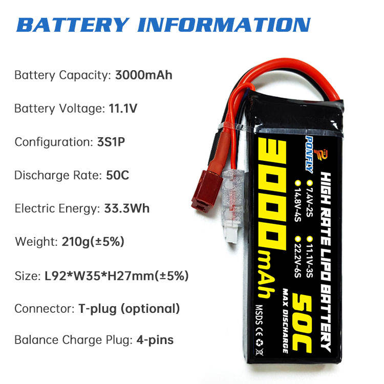 PONFLY 3000mah 50C RC Racing Car Battery - High Discharge Lipo