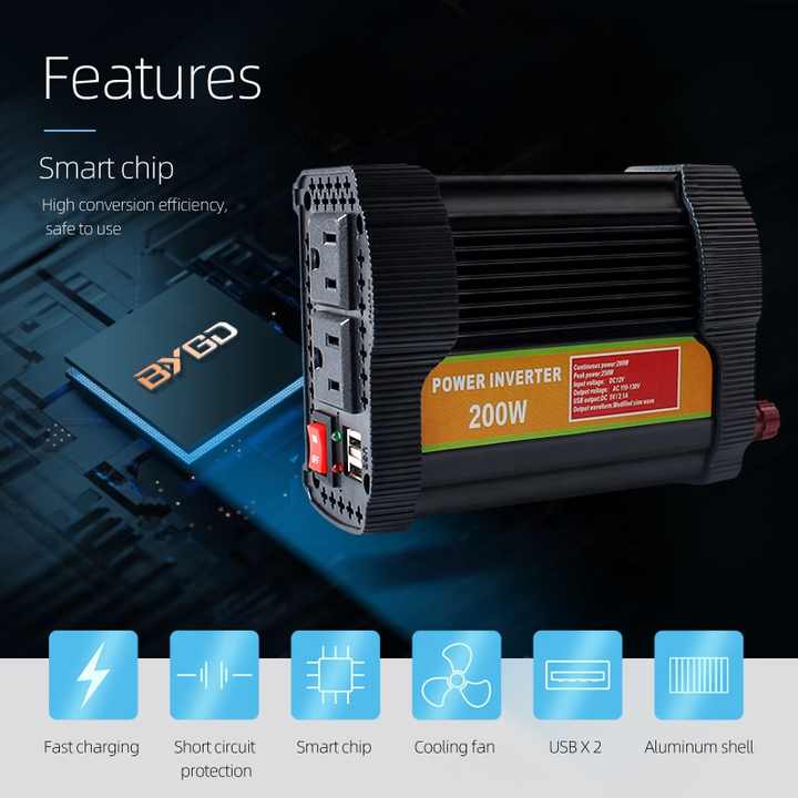 Smart Car Power Inverter 200W by BYGD - Reliable AC Supply