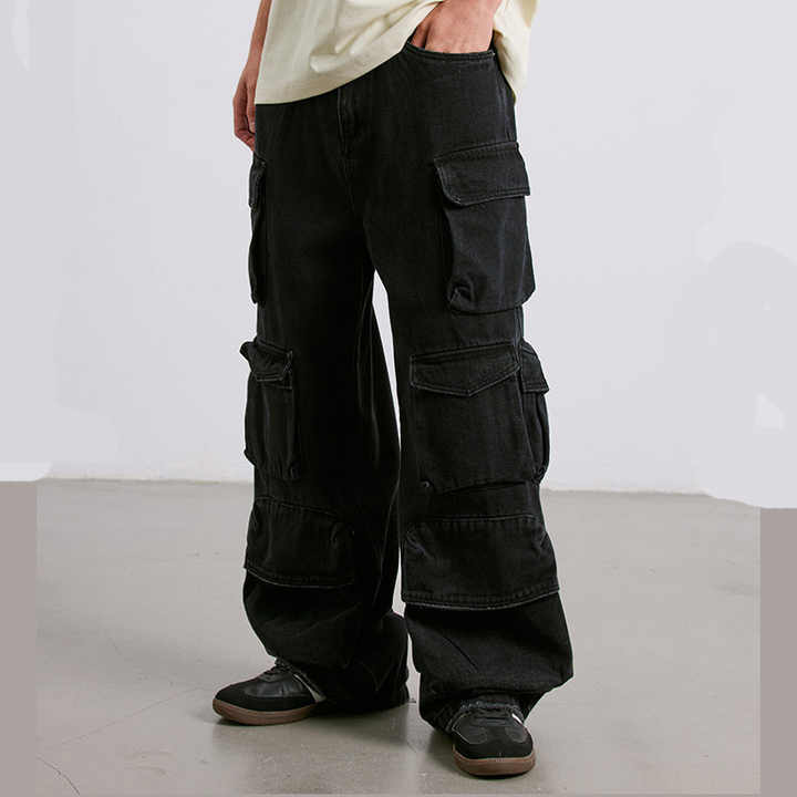 Unisex Distressed Denim Cargo Pant Wide Leg Spring Leggings Windproof ...