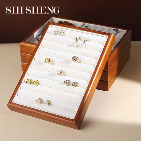 Stackable Wooden Jewelry Organiser Tray – Rectangle Velvet Display